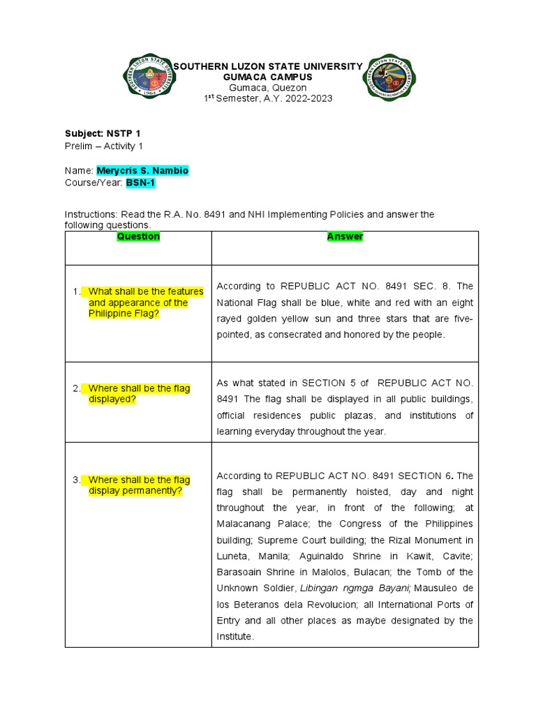 NSTP 1 - Prelim Activity 1 | PDF | Flag | Nation