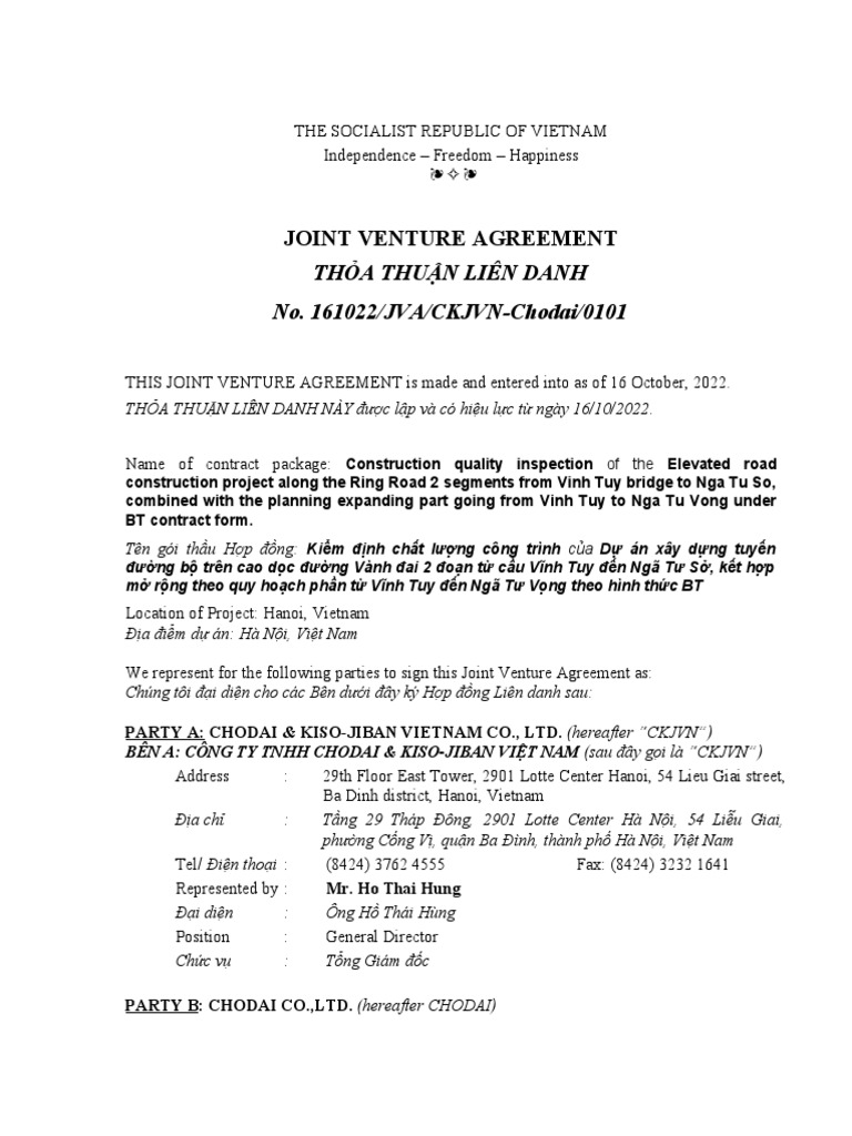JV Contract - CKJVN & Chodai - Ring Road No.2 VinGroup | PDF