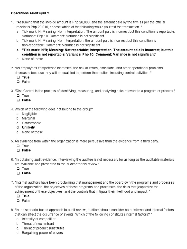 Operations Audit Quiz 2 | Download Free PDF | Audit | Internal Audit