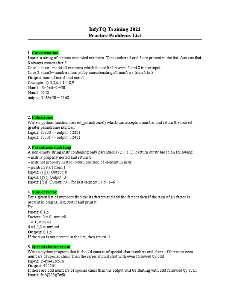 Infytq Practice Sheet Problems Pdf String Computer Science Parameter Computer Programming