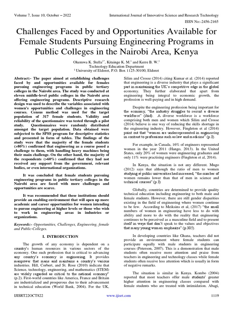 Challenges Faced by and Opportunities Available For Female Students Pursuing Engineering ...