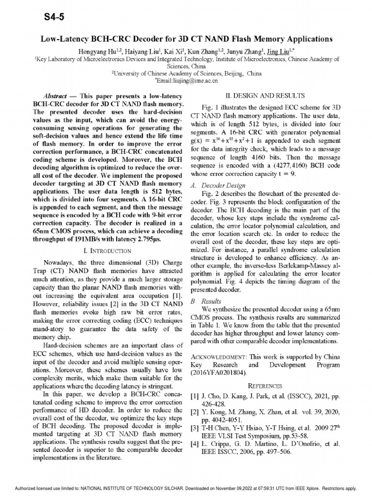 Low Latency Bch Crc Decoder For 3d Ct Nand Flash Memory Applications Pdf Flash Memory Codec