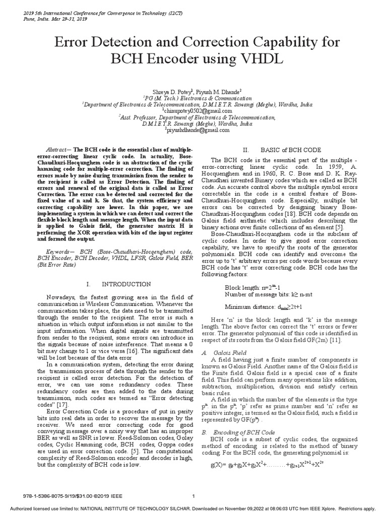 Error Detection and Correction Capability For BCH Encoder Using VHDL | PDF | Code | Computer Science