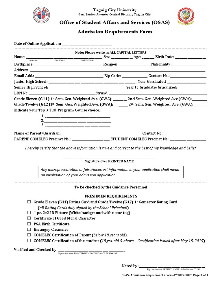 Admission Reqts Form Arf | PDF