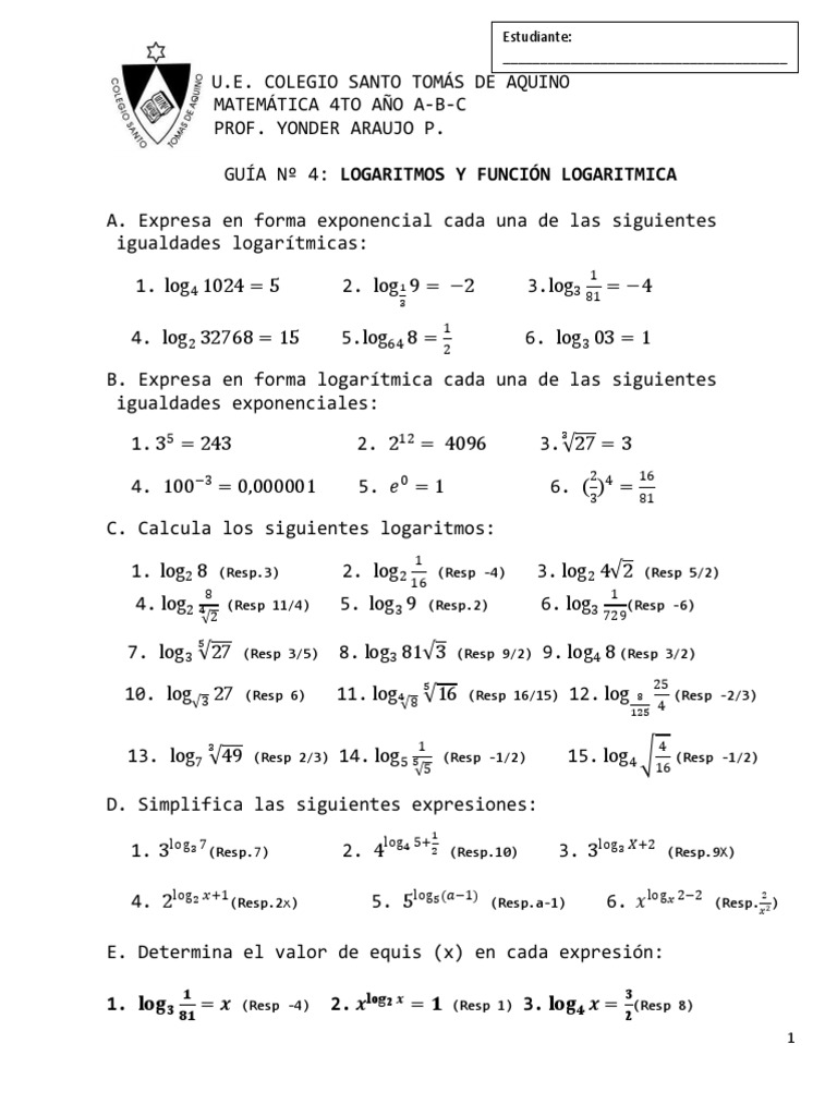 Guia N 4 Ejercicios Logaritmos y Funcion Logaritmica | PDF | Logaritmo | Escherichia coli