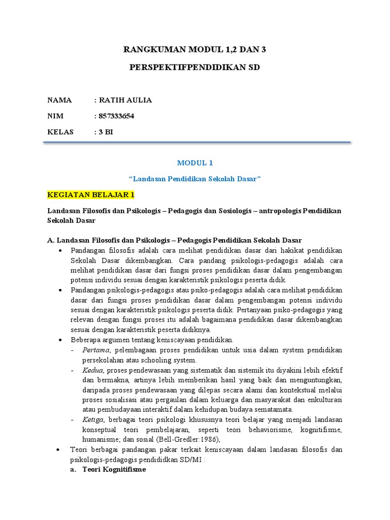 Rangkuman Perspektif Pend. SD Modul 1,2,3 | PDF | Kesehatan Holistik | Sains & Matematika