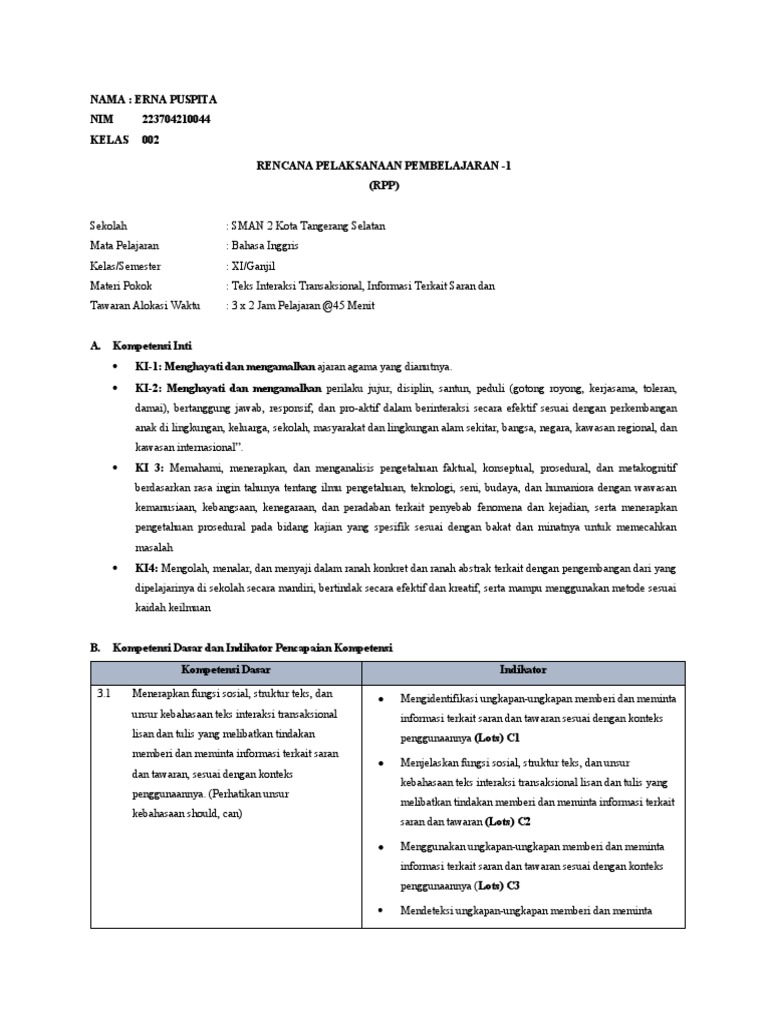 Erna Paket 1 RPP, Bahan Ajar, Media, LKPD, Instrumen Dan Evaluasi | PDF | Kajian Bahasa Asing