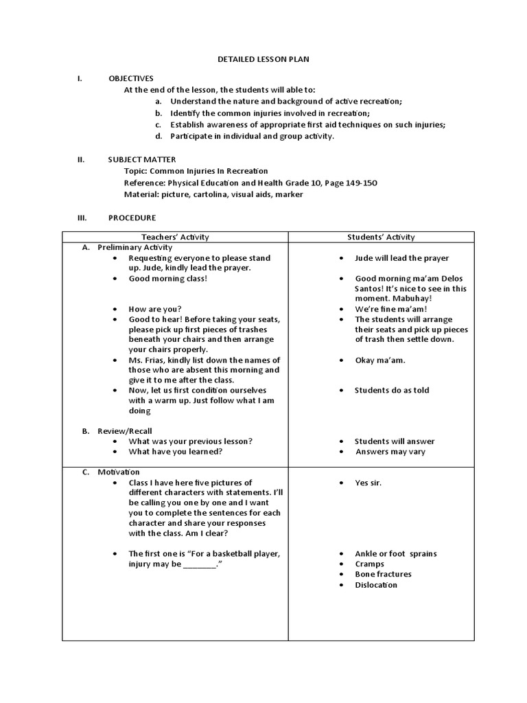 Detailed Lesson Plan in Injuries | PDF | Musculoskeletal System ...