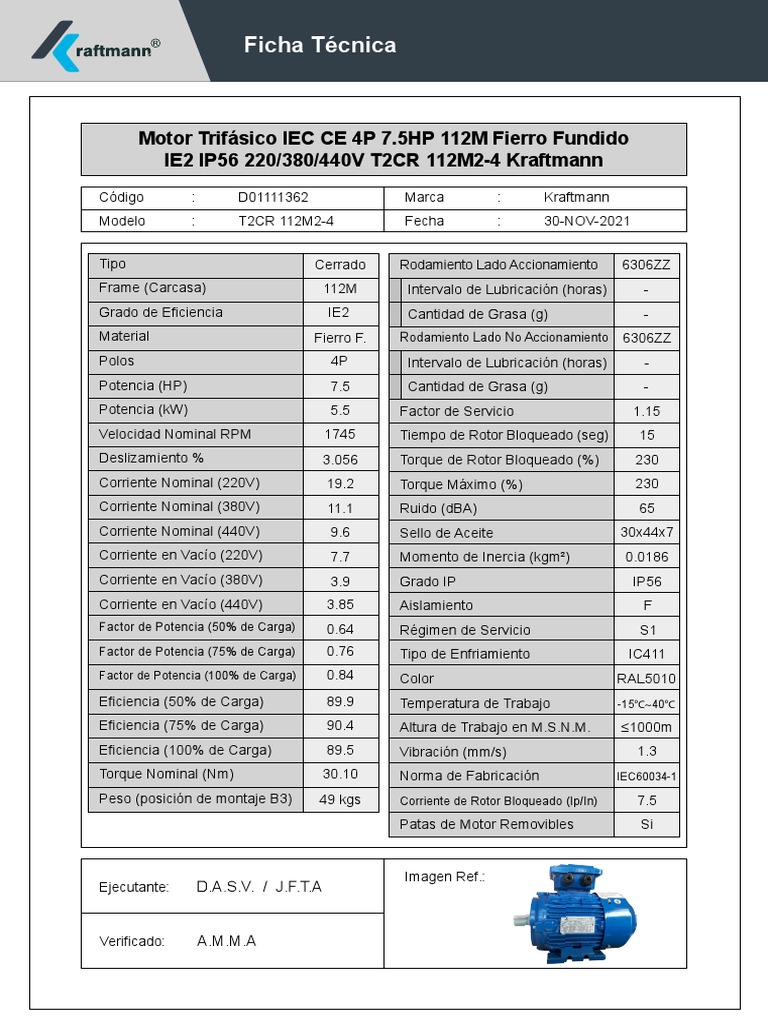 Ficha Técnica D01111362 - T2CR 112M2-4 IEC - Kraftmann | PDF | Tecnología de vehículos | Vehículos