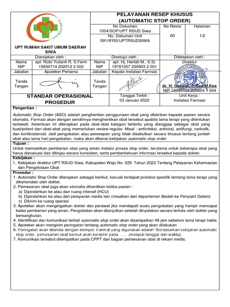 Sop 1004 Pelayanan Resep Khusus (Automatic Stop Order) | PDF