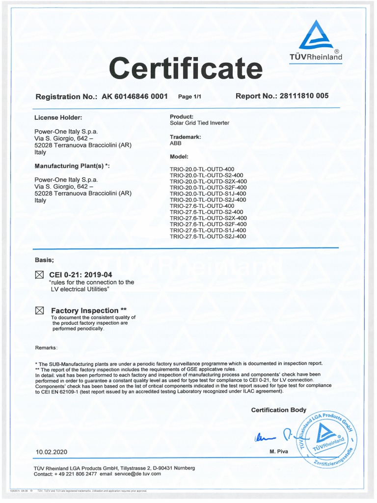 Certificado TUV de Producto Inversor FIMER-ABB | PDF