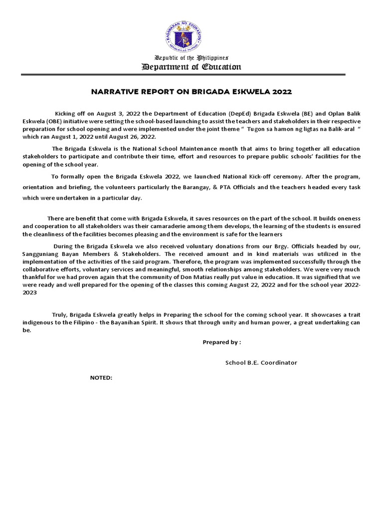Narrative Report Brigada Eskwela 2022 | PDF