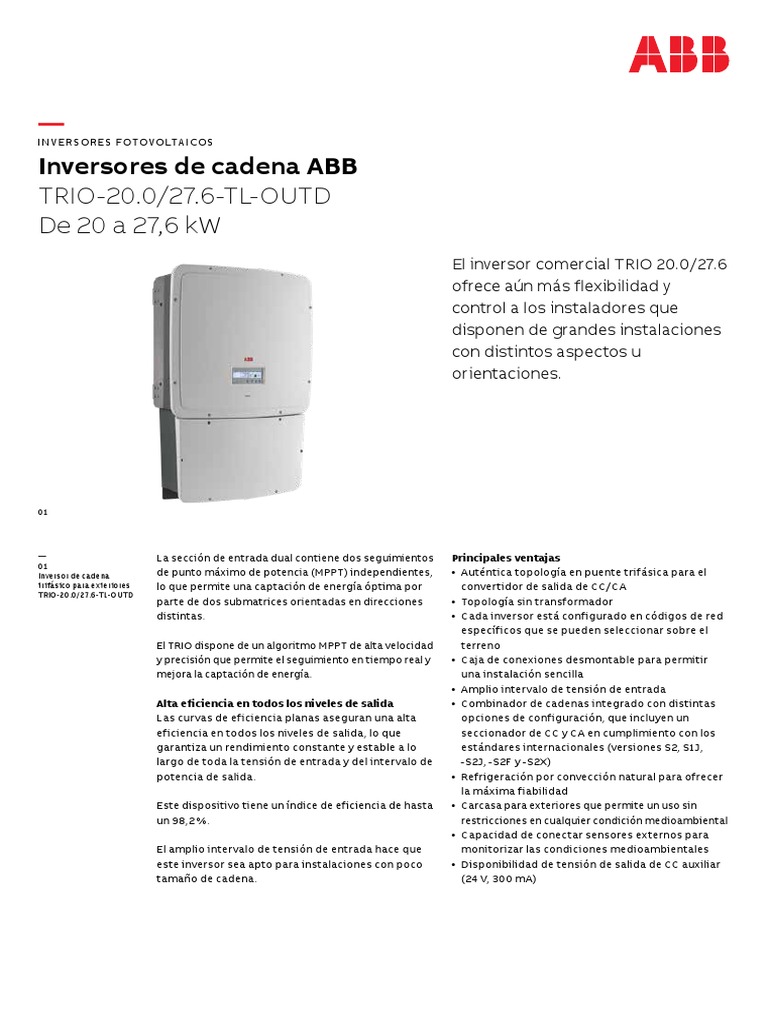 Ficha Tecnica Inversor ABB TRIO-27.6-TL-OUTD | PDF | Fusible (Eléctrico) | Ingenieria Eléctrica