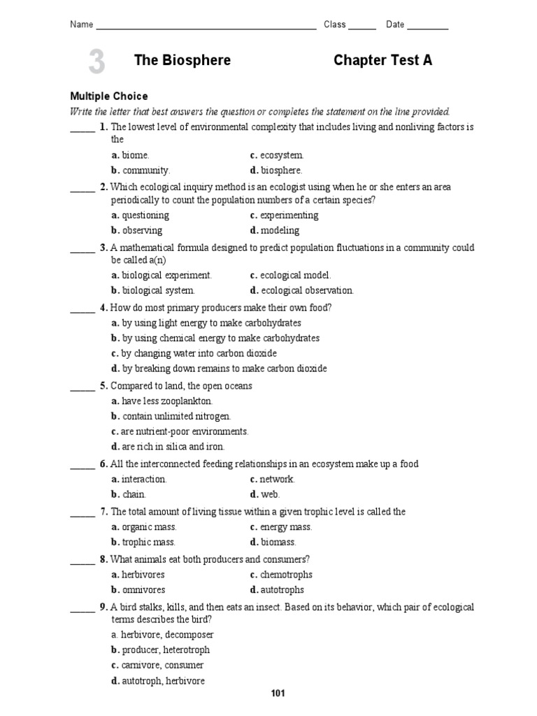 Chapter 3 The Biosphere Test A | PDF | Food Web | Ecology