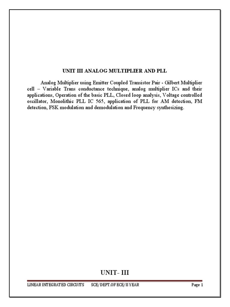 Unit III - Analog Multiplier and PLL | PDF | Detector (Radio) | Electronic Circuits