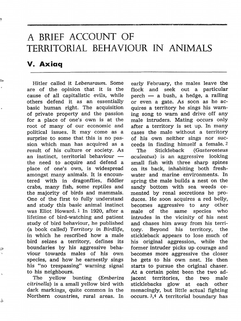 Animal Territorial Behavior | PDF | Zoology | Behavioural Sciences