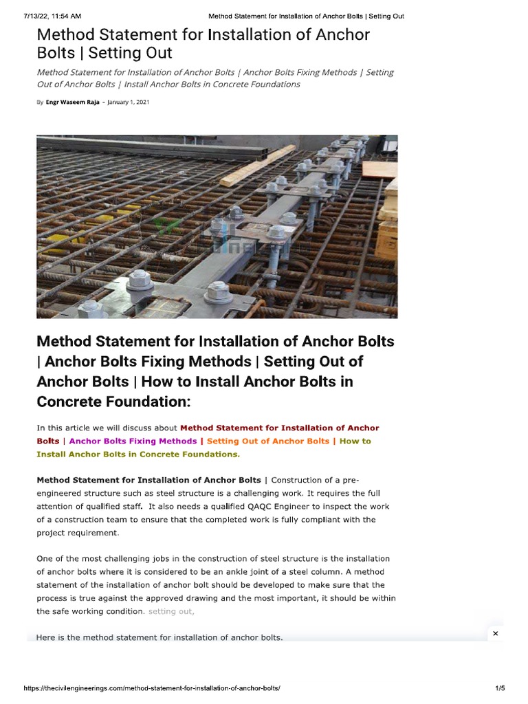 Anchor Bolt and Plate Installation | PDF