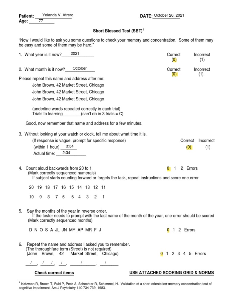 Short Blessed Test | PDF | Dementia | Alzheimer's Disease