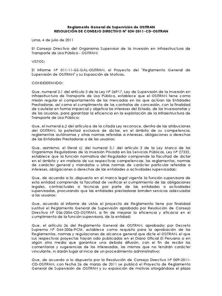 Reglamento de Supervision de Ositran | PDF | Regulación | Contabilidad