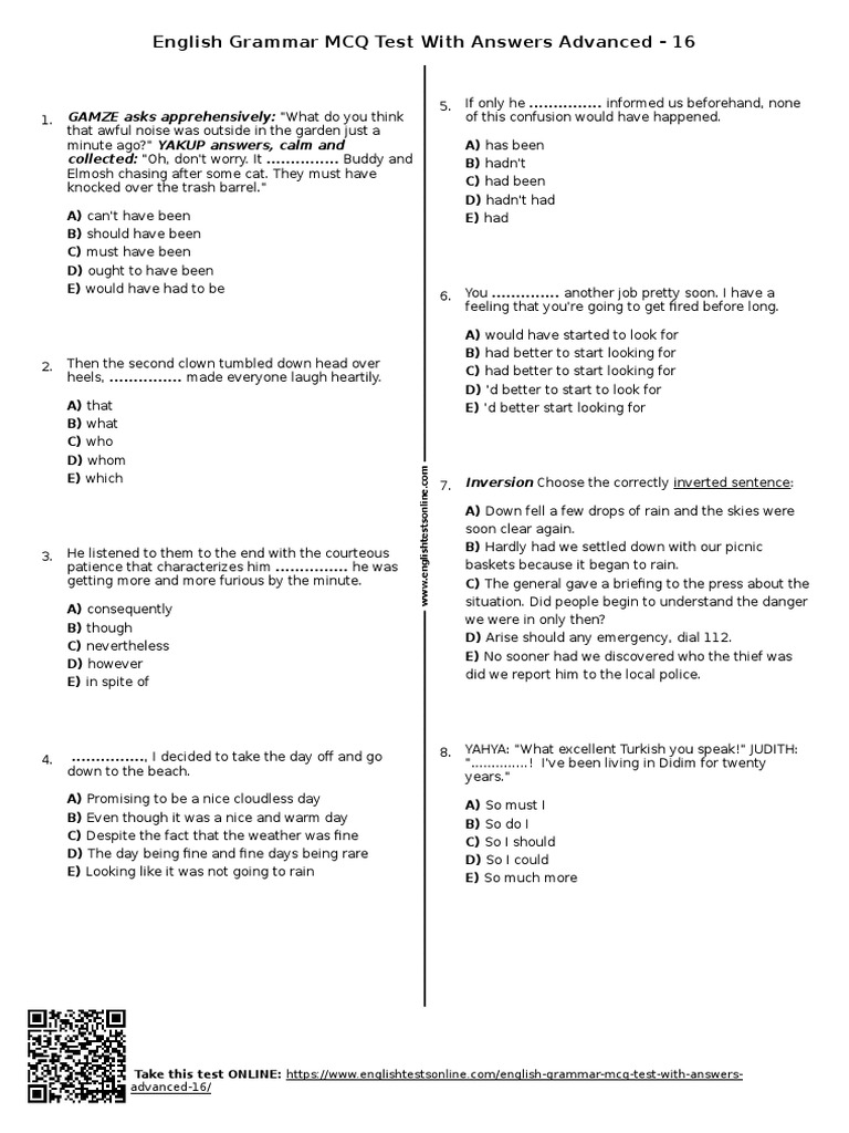 643 - English Grammar MCQ Test With Answers Advanced 16 | PDF ...