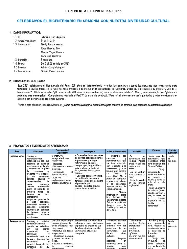 1° - Grado - Experiencia - de - Aprendizaje - N°05 Mlu | PDF | Evaluación | Aprendizaje