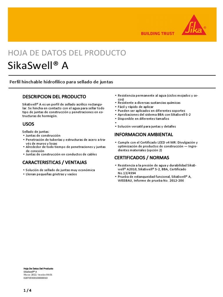 Sikaswell A | PDF | Hormigón | Agua