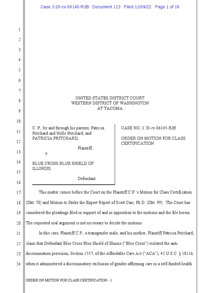 BCBSIL Class Action | PDF | Transsexual | Class Action