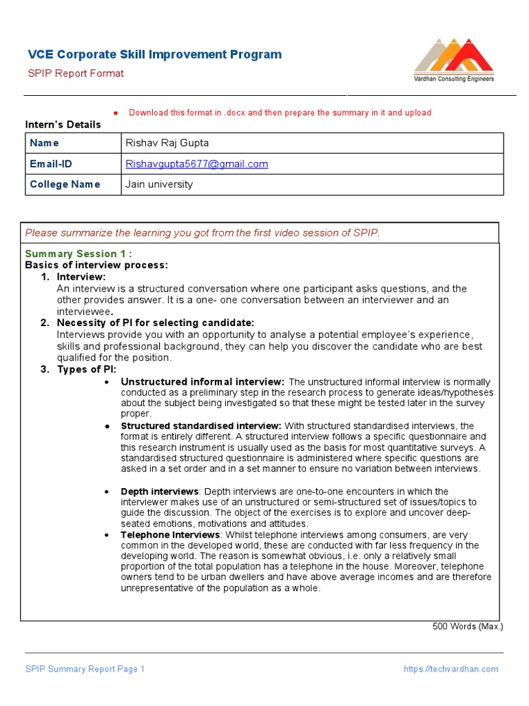 VCE Corporate Skill Improvement Program SPIP Report Format Summary | PDF | Interview | Job Interview