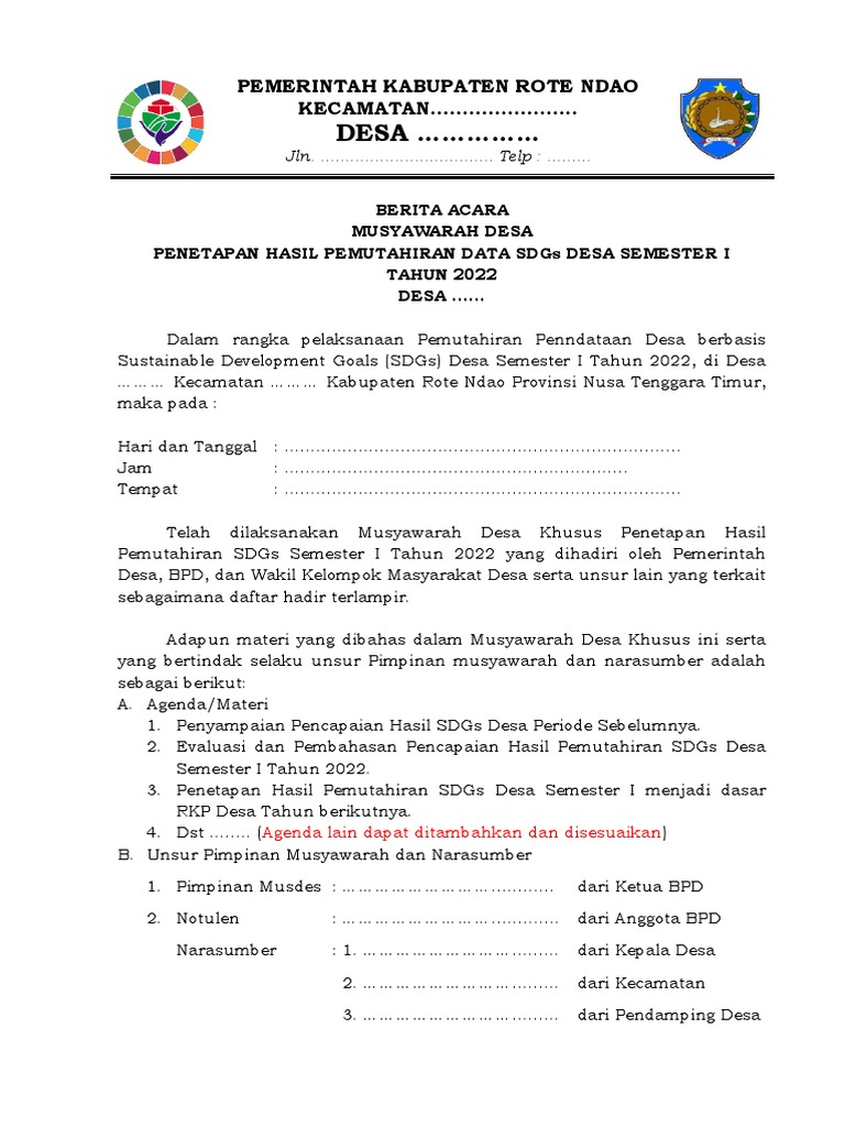 Contoh BA Penetapan Pemutahiran SDGs - Desa SMTR I - by Christ | PDF