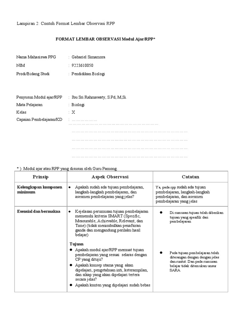Lampiran 2 - Contoh Format Lembar Observasi RPP | PDF