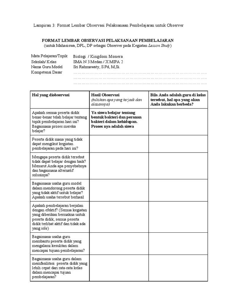 Lampiran 3 - Format Lembar Observasi Pelaksanaan Pembelajaran Untuk Observer | PDF