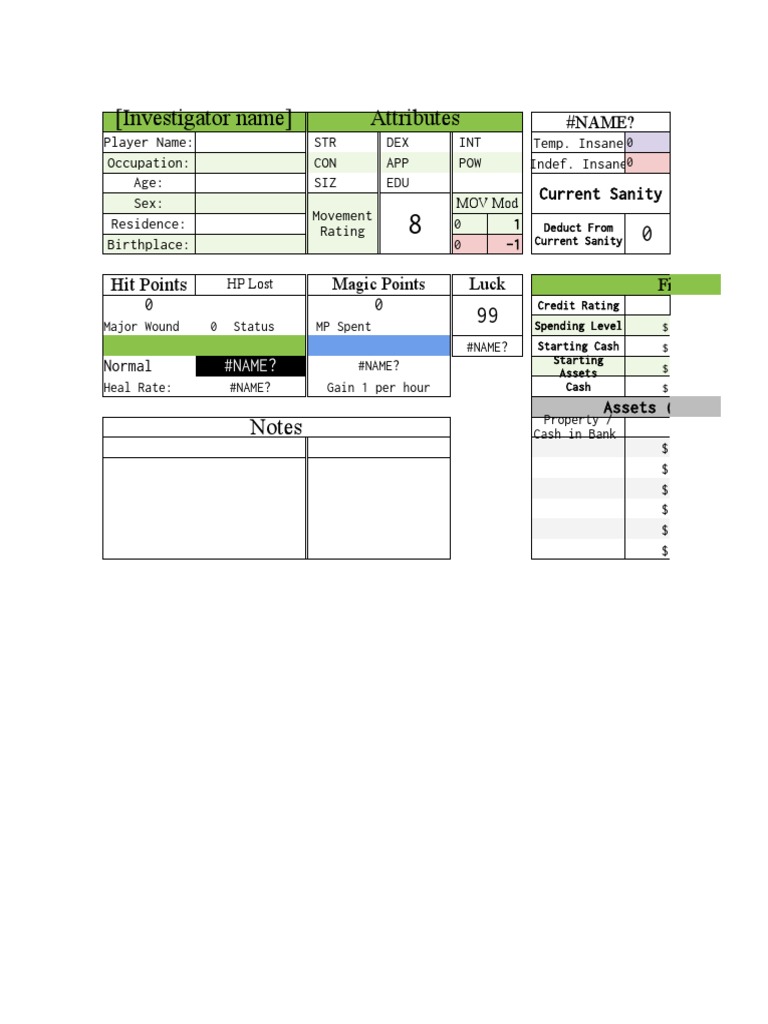 CoC 7e Character Sheet | PDF | Projectile Weapons | Hazards
