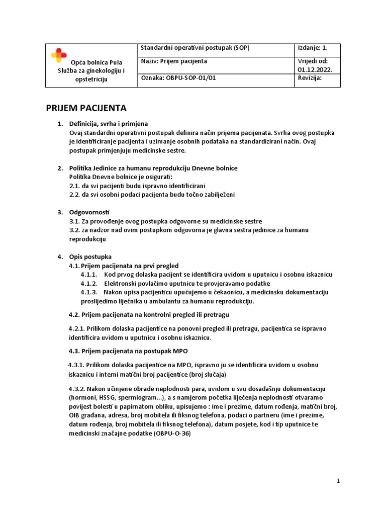 OBPU SOP 01 Prijem Pacijenta | PDF