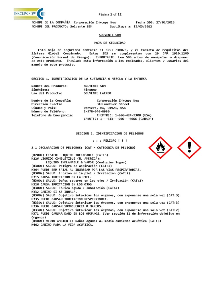 Hoja de Seguridad del Solvente SBM | PDF | Química