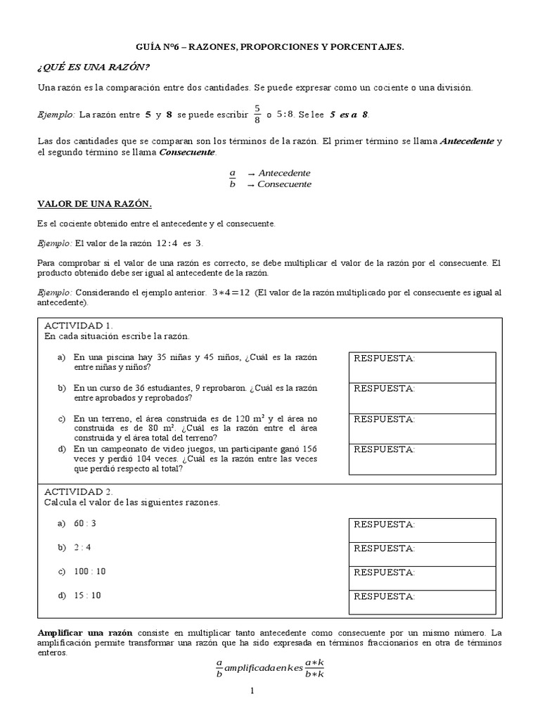 7 Matemática 6. GUIA RAZONES PROP Y PORCENTAJE 2020 | PDF | Objetos ...