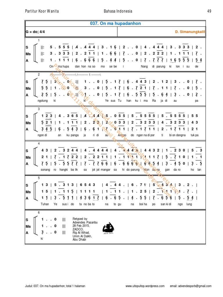 Partitur Koor Wanita Bahasa Batak | PDF