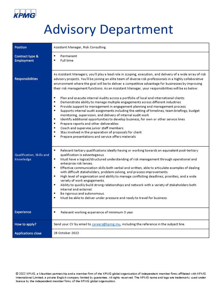 Job Description - Assistant Manager, Risk Consulting REF (ADV017) | PDF ...