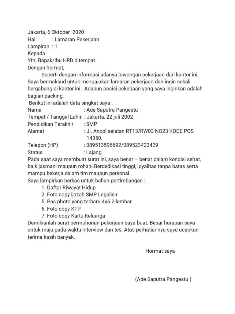 Surat Lamaran Kerja Estu | PDF