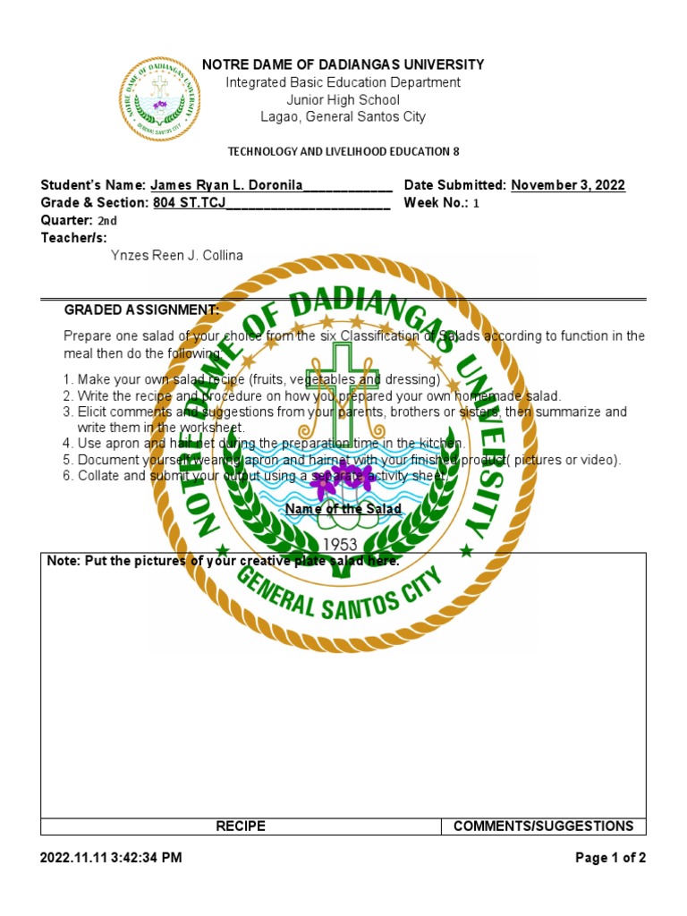 Worksheet 1 Graded Assignment 1 Classification of Salad | PDF Worksheet 1 Graded Assignment 1 Classification of Salad | PDF