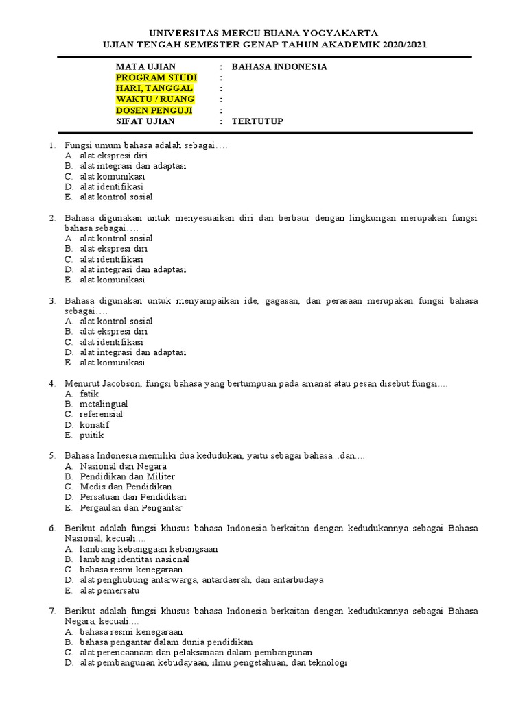 Soal UTS Bahasa Indonesia 2020/2021 | PDF | Kajian Bahasa Asing