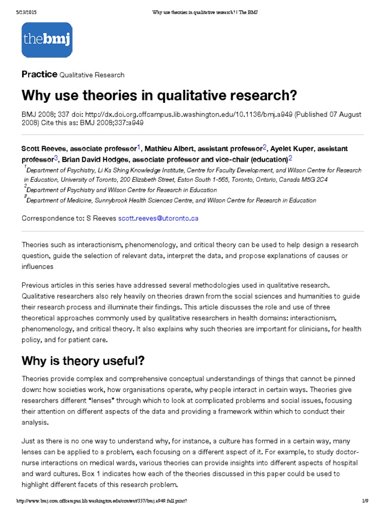 Reeves 2008 BMJ - Why Use Theories in Qualitative Research | PDF ...