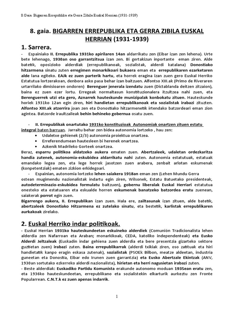 8.gaia Berria. BIGARREN ERREPUBLIKA Eta GERRA ZIBILA | PDF
