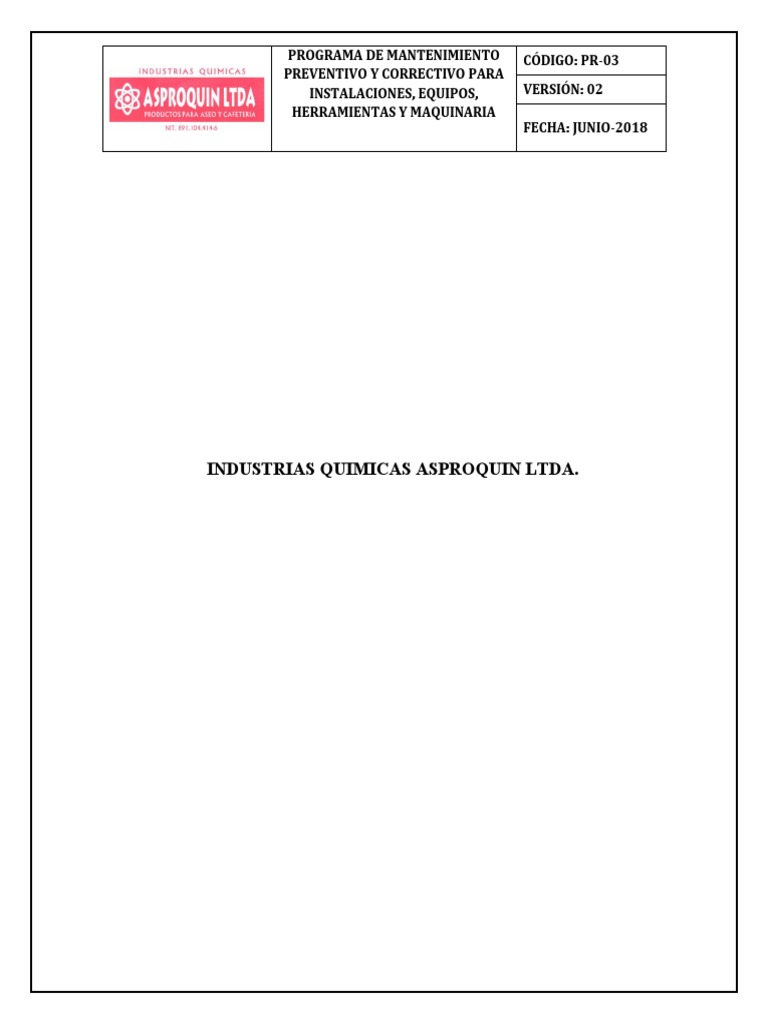 Pr-08 Programa de Mantenimiento Pre y Corre de Instalaciones. Equipos y Herramientas | PDF ...