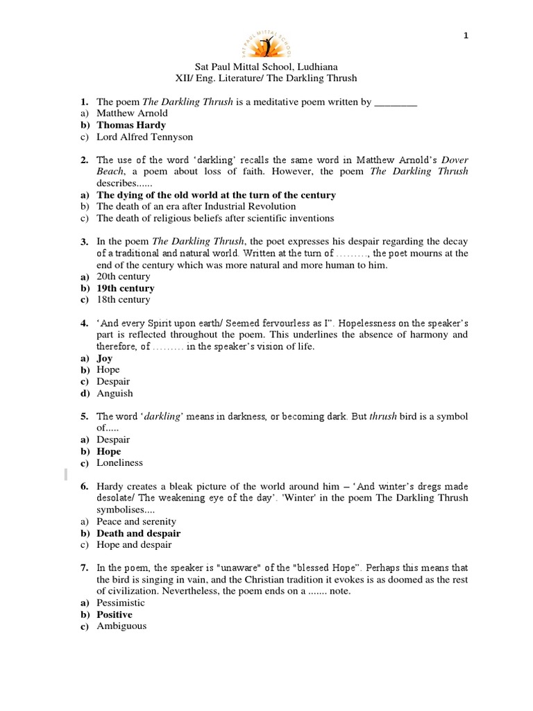 MCQs - The Darkling Thrush | PDF | Poetry