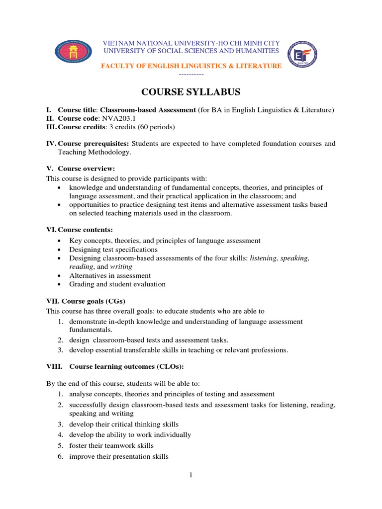 Classroom Assessment Syllabus Pdf Educational Assessment Test