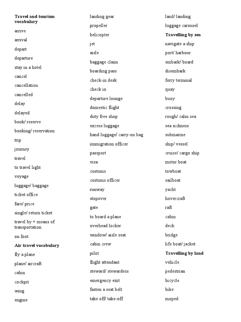Travel and Tourism Vocabulary | PDF | Baggage | Service Industries