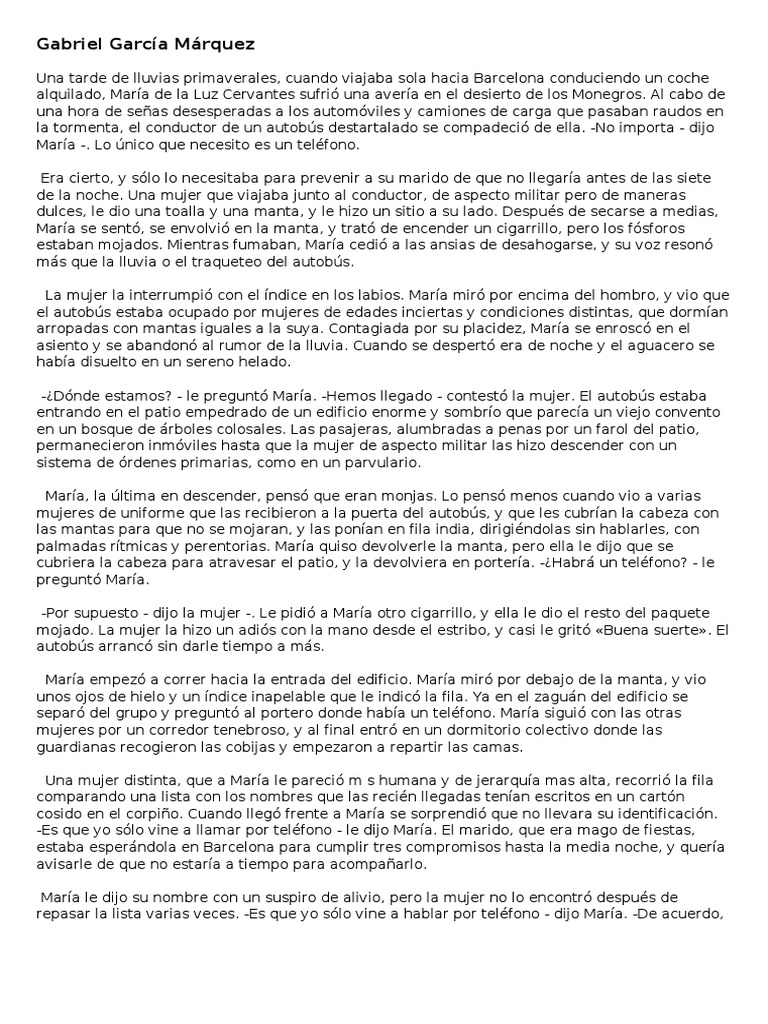 Resumen Solo Vine A Hablar Por Teléfono Cuento Gabriel García Marquéz ...