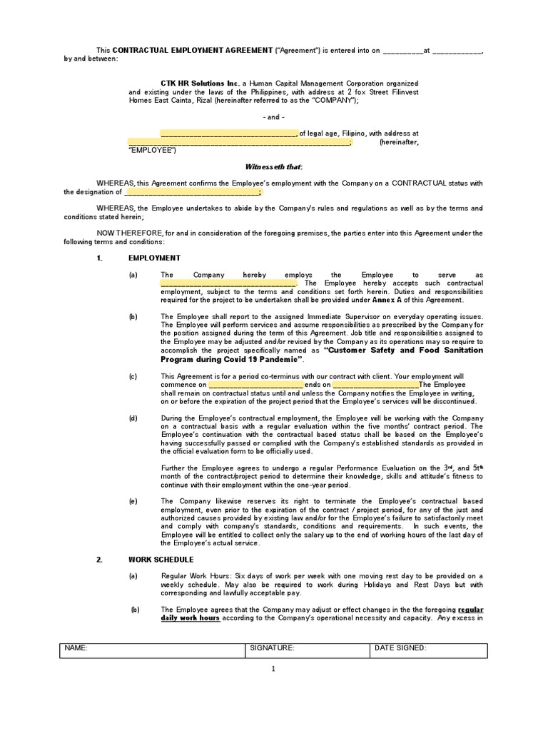 An Employment Agreement for a Contractual Position as a Customer Safety ...