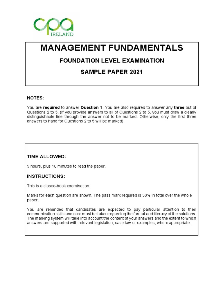 CPA Foundation Management Fundamentals Sample Paper and Suggested ...