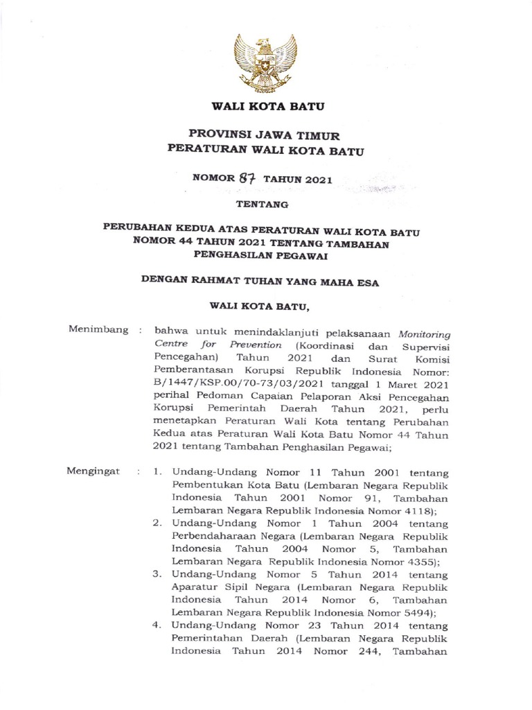 PERWALI 87 Perub Kedua No 44 TH 2021 TTG TPP | PDF